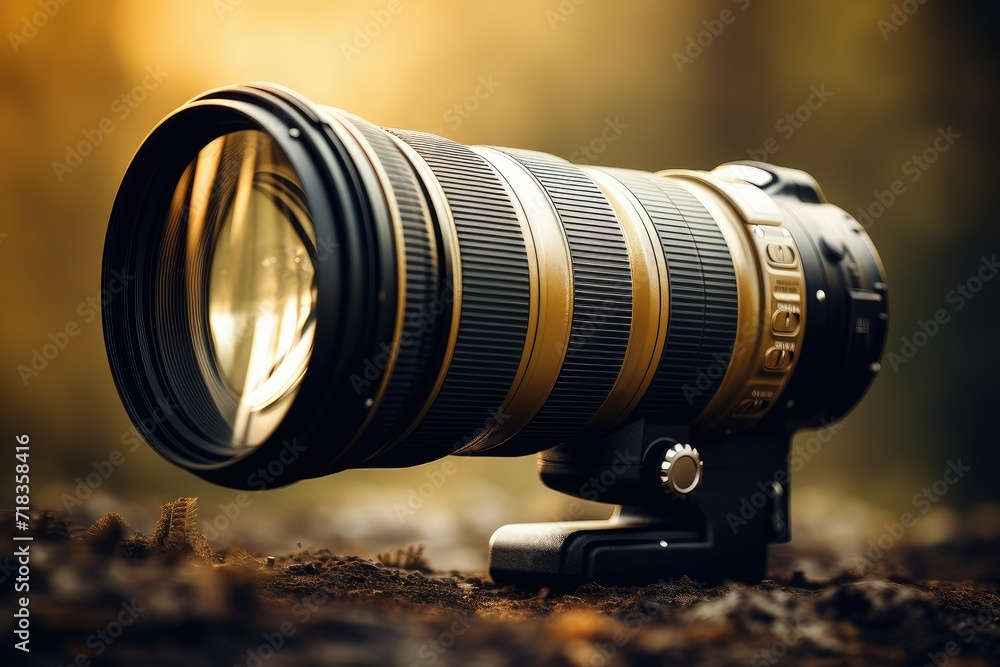 Camera lens on the ground in the forest. Shallow depth of field. high ...