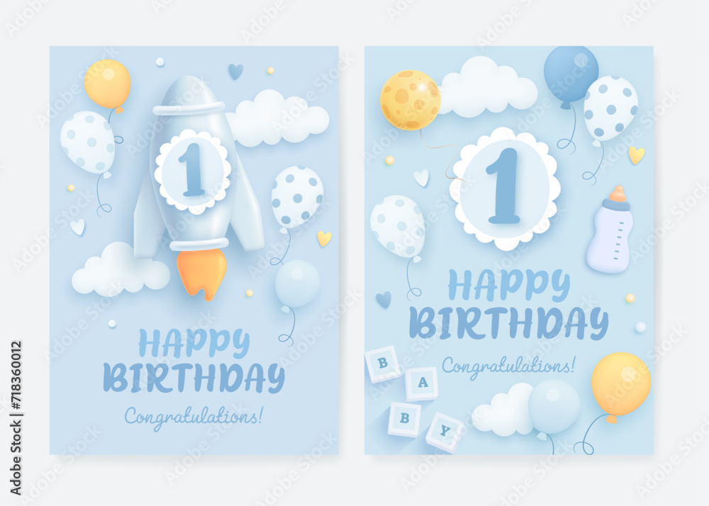 Number 1 birthday celebration greeting card or banner set with ...
