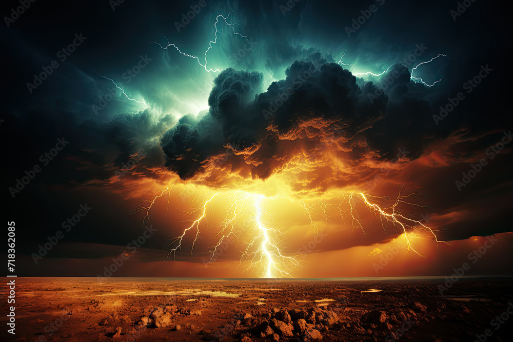 Massive thundercloud looms over a barren landscape, raining down ...