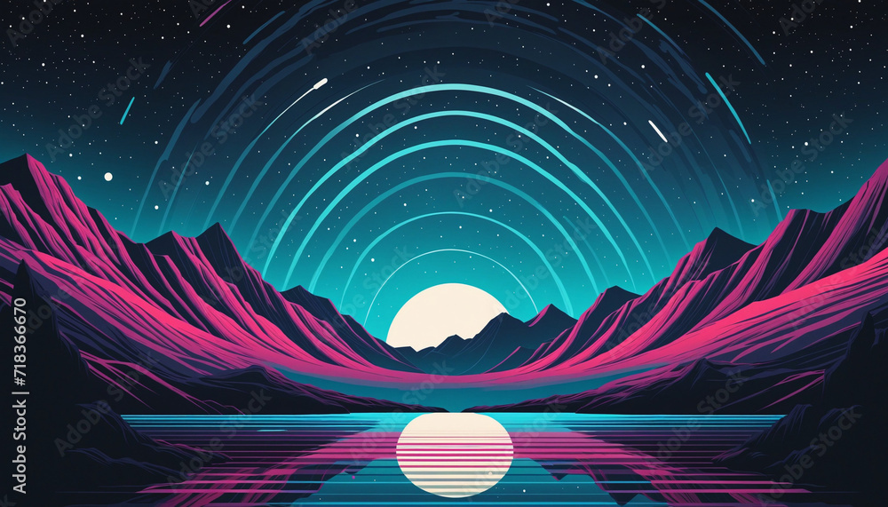 Nostalgic retro-inspired illustration with futuristic laser grid ...