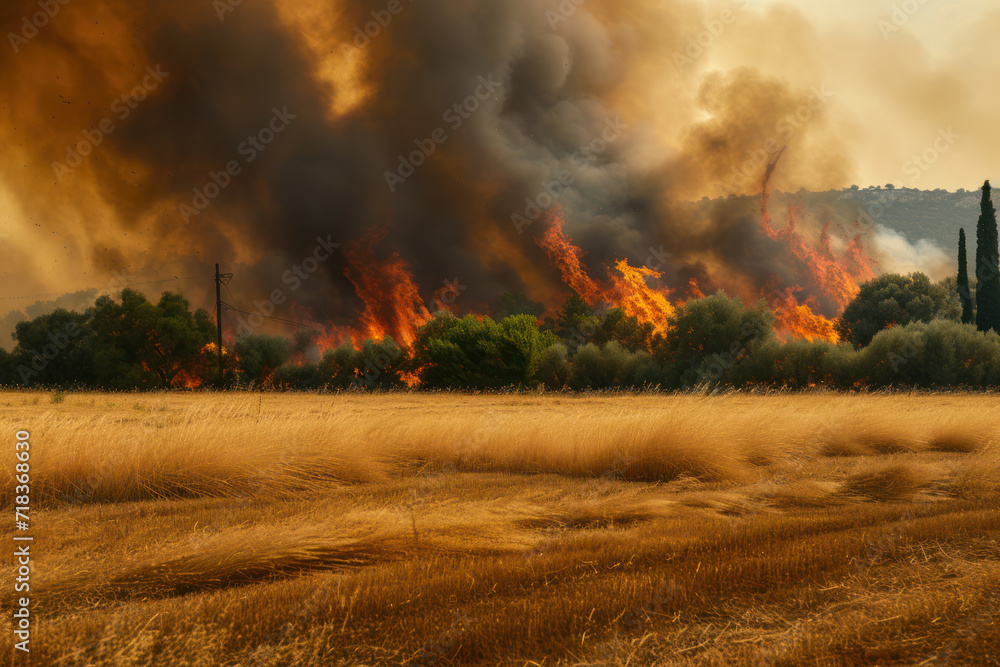 Wildfires tear through countryside close to Athens in Greece. grass and ...