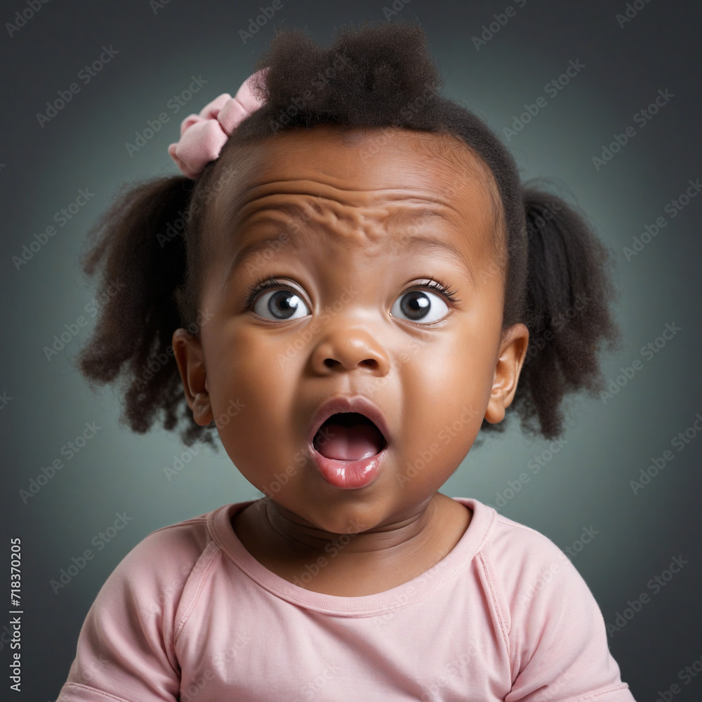 Adorable baby girl in 3D cartoon style looks amazed by surprise Stock ...