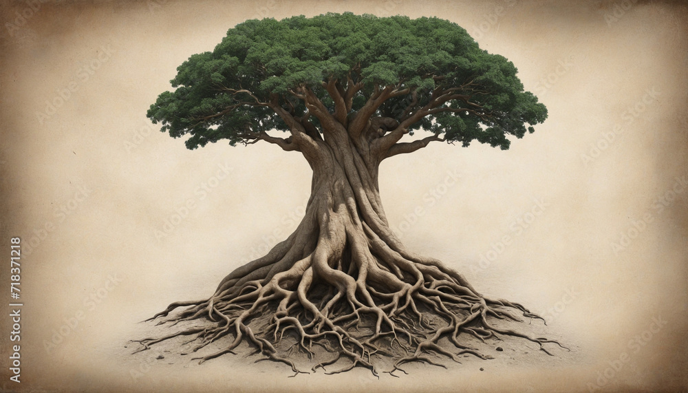 A Giant Tree with Deep Roots and a Raised Fist on Vibrant Background ...