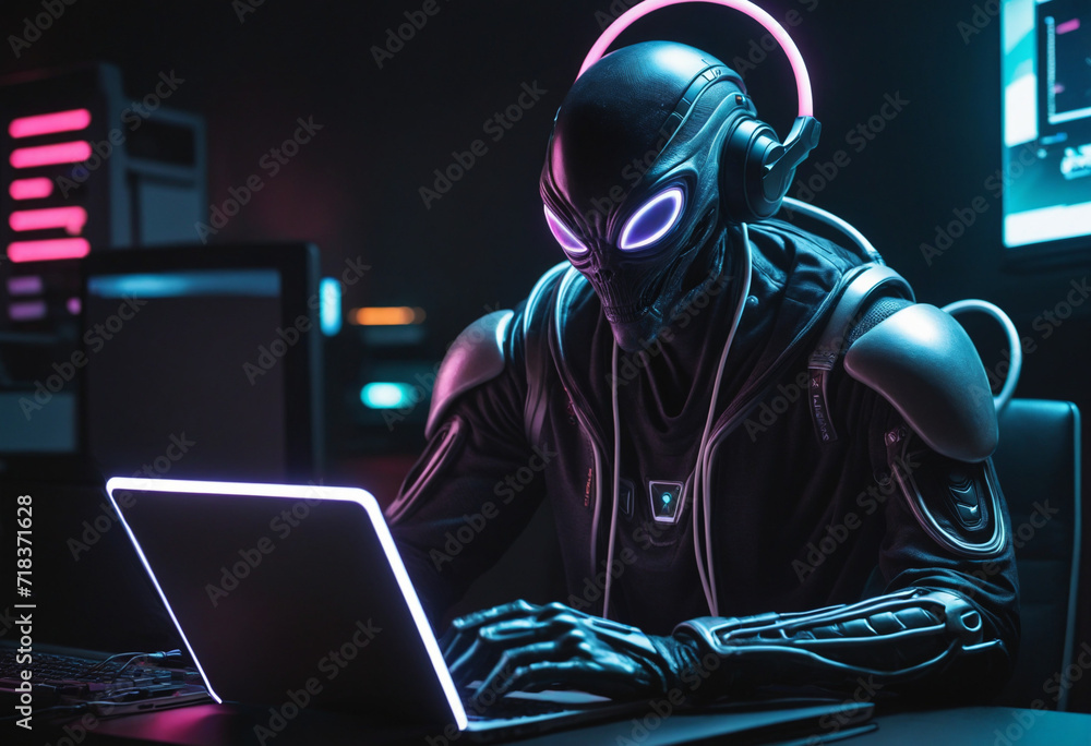 Alien gamer in gray suit playing online video game under neon lights ...