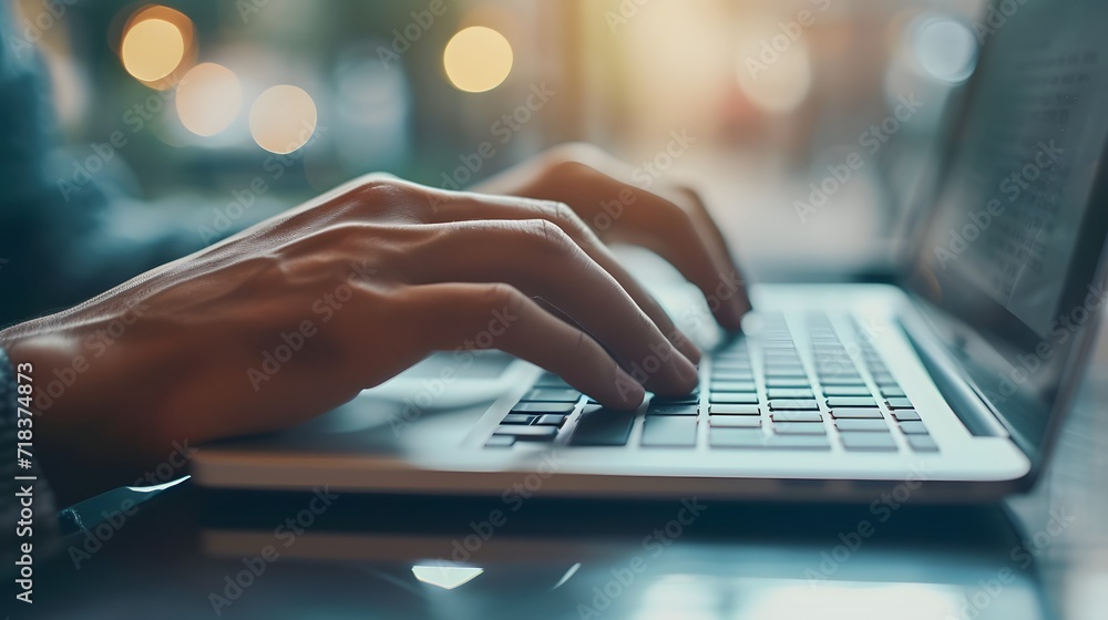 typing on laptop, person's hands typing on a sleek and modern laptop ...