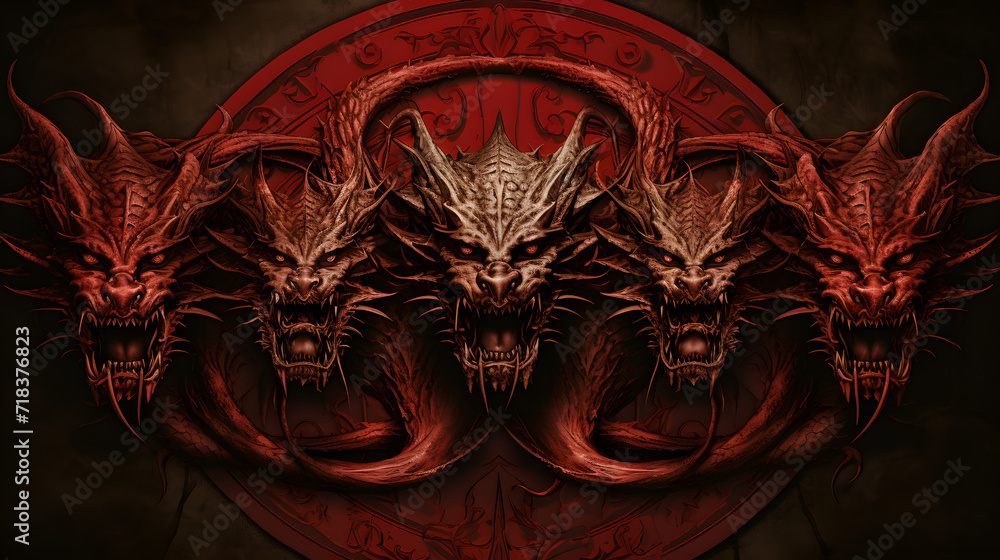 enormous red dragon with seven heads, ten horns, and seven crowns on ...