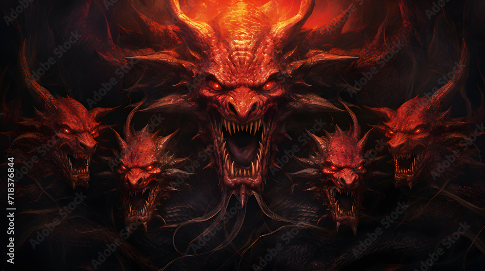 enormous red dragon with seven heads, ten horns, and seven crowns on ...