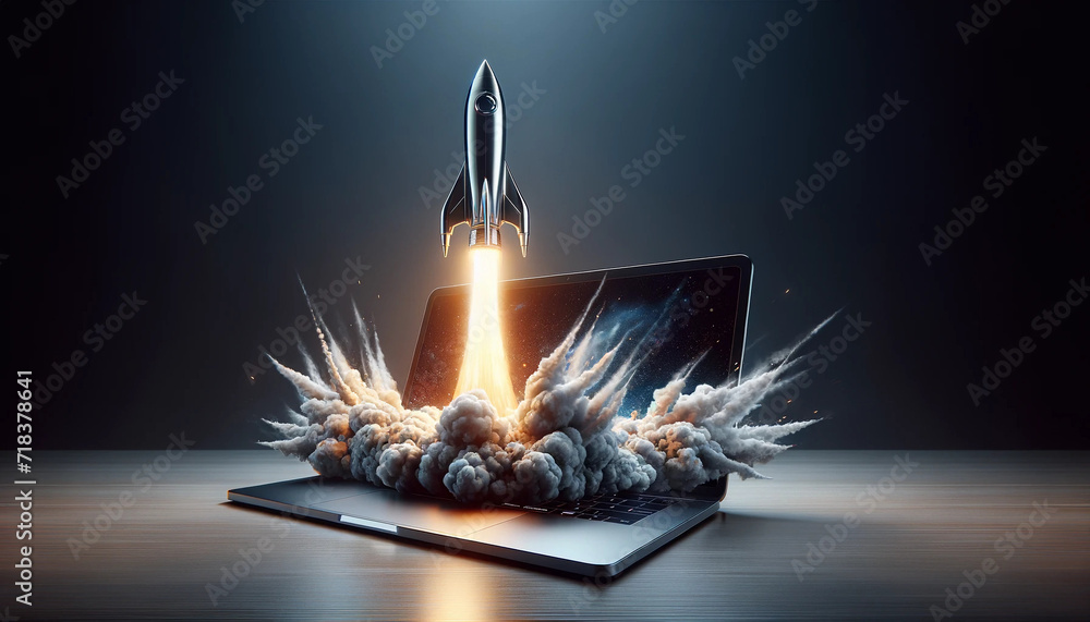Futuristic rocket ship take off launch launching from sleek silver ...