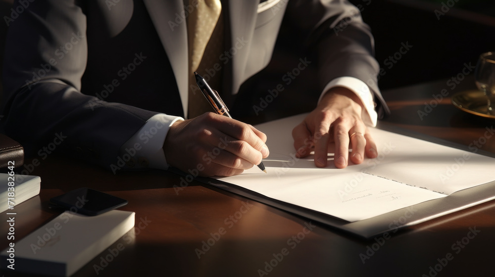 Contract signing. In the soft glow of ambient light, a professional ...