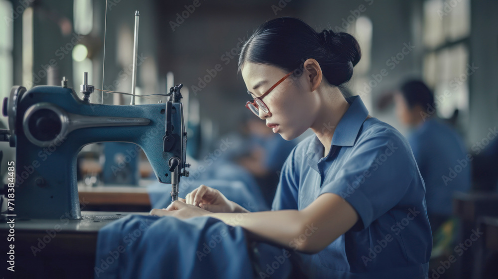 Asian woman in a textile factory sewing with a sewing machine. Created ...