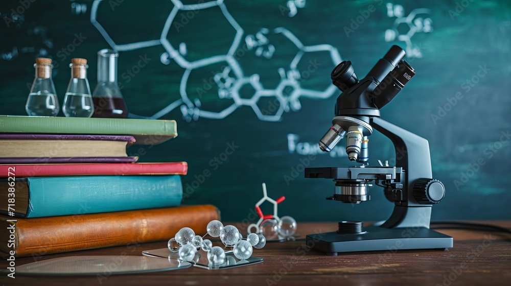 Education and sciences concept - books, molecule model and microscope ...