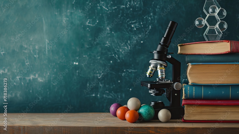 Education and sciences concept - books, molecule model and microscope ...