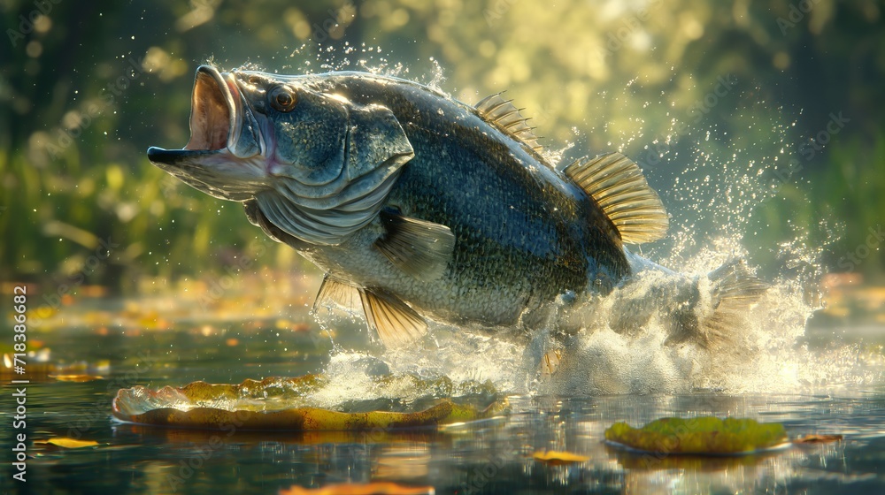 Largemouth Black Bass Jumping out of Lily Pads created with Generative ...