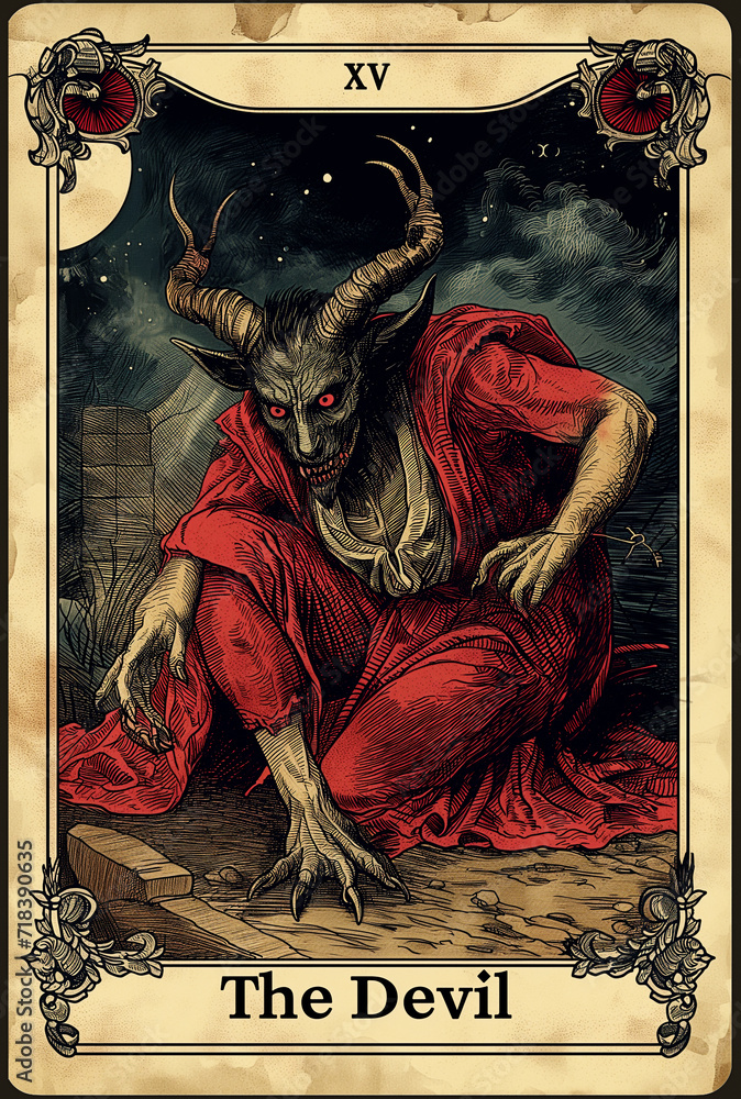 Medieval style tarot card with the devil image half man and half goat symbol of all the things ...