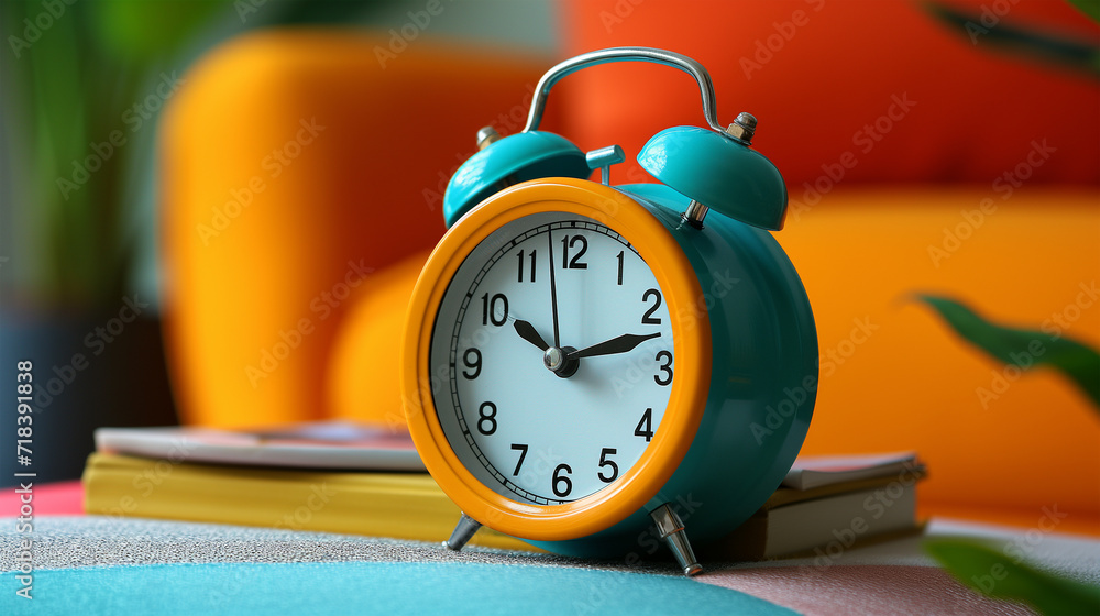 Colored mechanical alarm clock. Defocused home interior backdrop ...