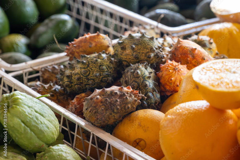 Kiwano tropical fruit, African horned cucumber, horned melon, spiked ...