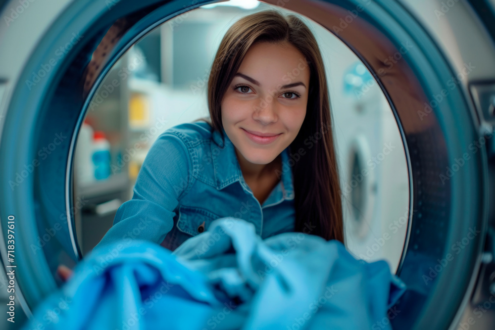 beautiful woman placing clothes in the automatic washing machine, view ...