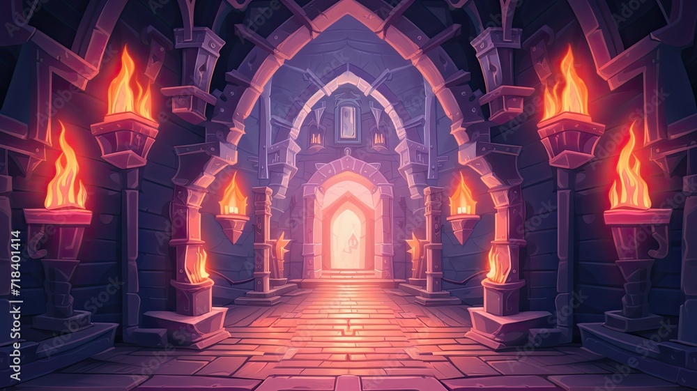 cartoon illustration Medieval castle corridor with torches and doors ...