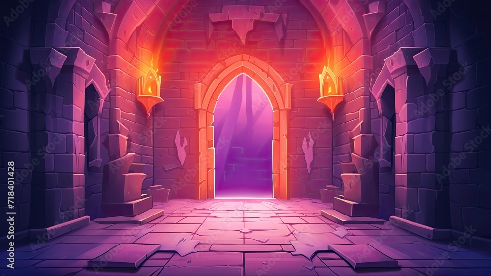 cartoon illustration Medieval castle corridor with torches and doors ...