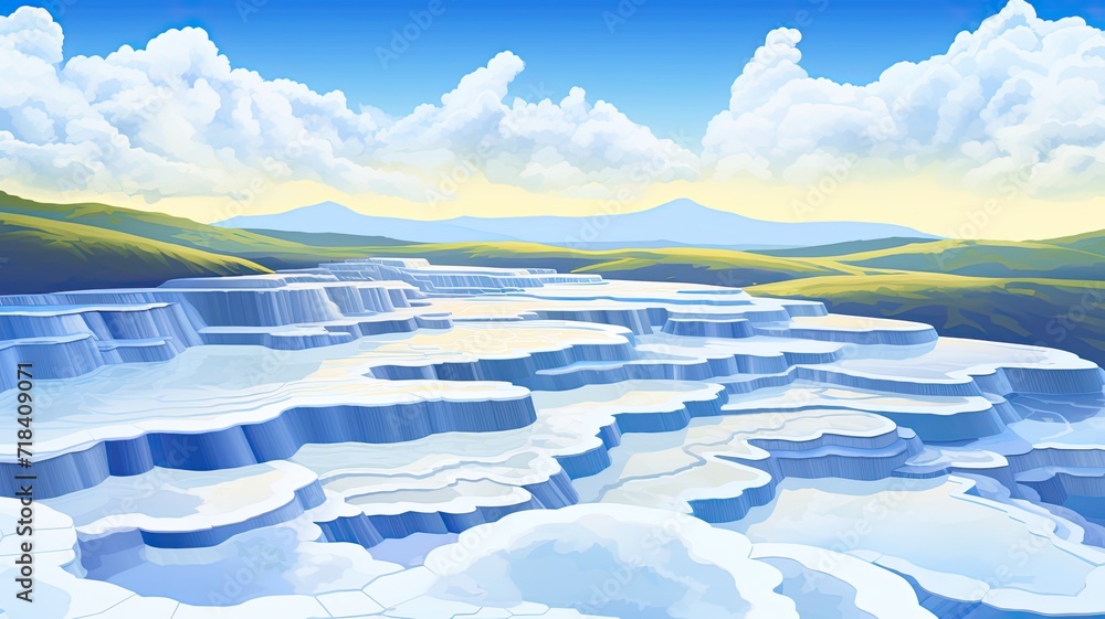 cartoon illustration natural hot spring, surrounded by terraced rock ...