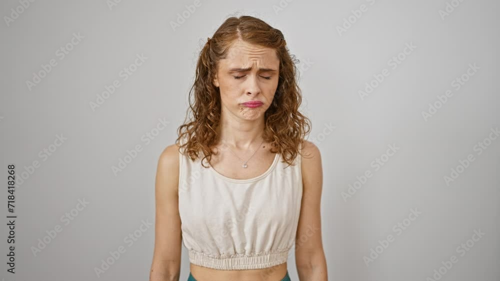 Vidéo Stock Depressed young woman standing isolated, her sad expression ...