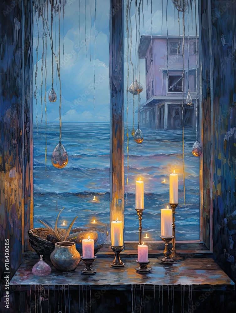 Candles in Rainy Windows: Beach Scene Painting of Seaside Rain with ...
