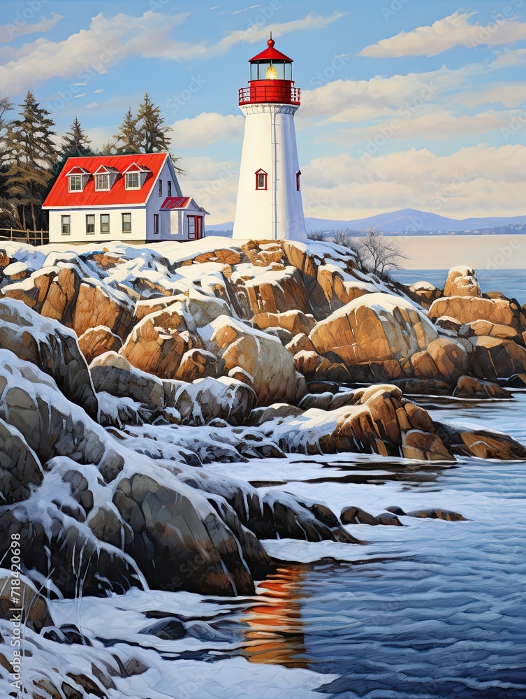 Coastal New England Lighthouses Snow-Capped Mountain Print in Winter ...