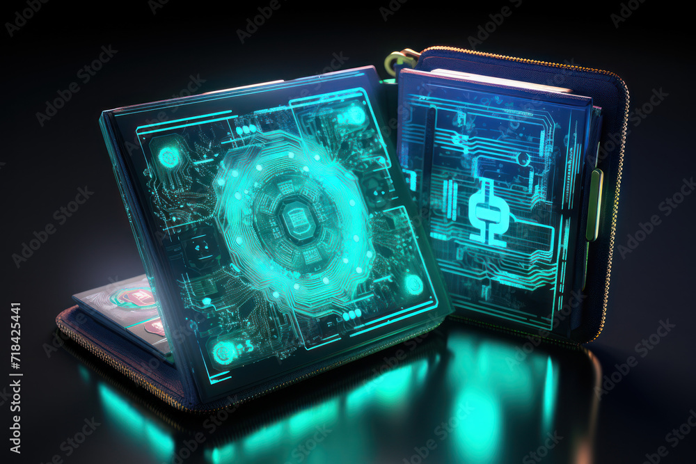 A futuristic illustration of a digital wallet with holographic currency ...