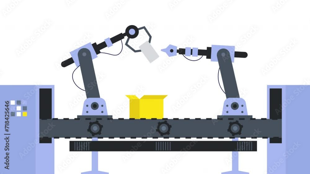 2d animated loop of factory area. Conveyor belt, robot hands and parcel ...