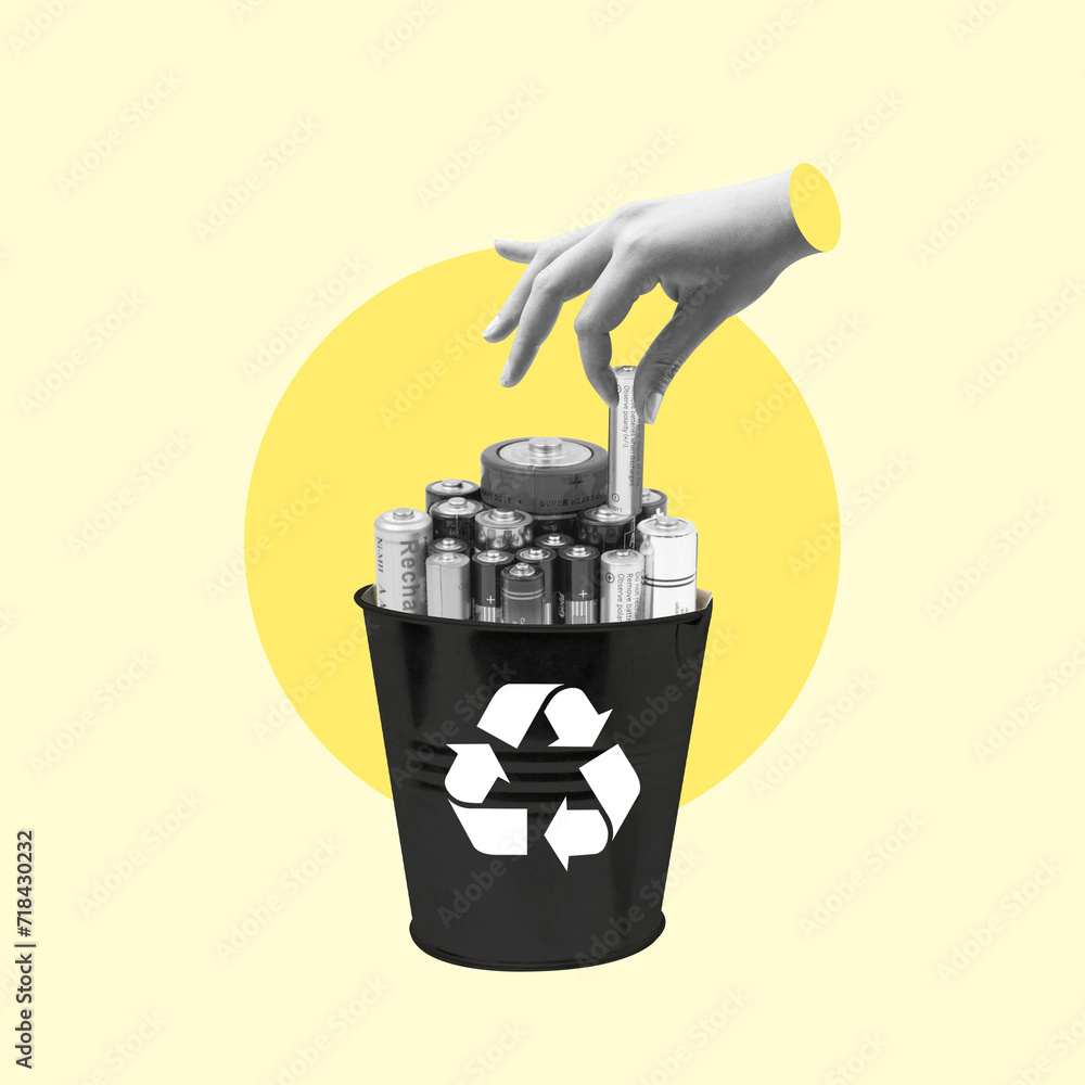 Recycle bin, old battery, can with batteries, recycling batteries, hand ...