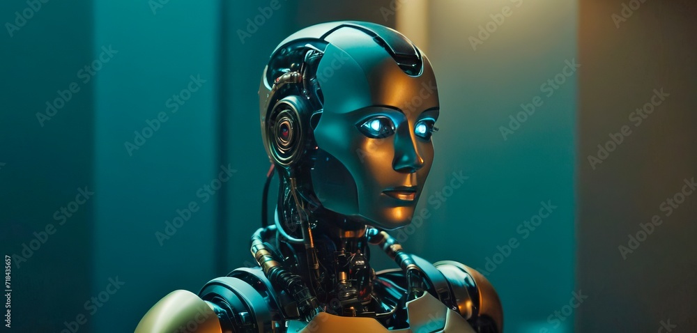 Robot AI is a humanoid with blue eyes. Futuristic technology concept ...