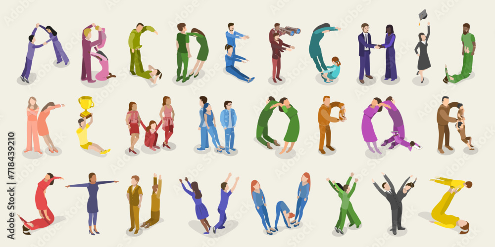 3D Isometric Flat Vector Set of English Alphabet with People, ABC ...