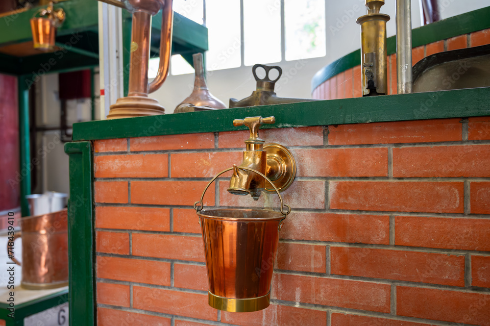 Double distillation process of cognac spirit in Charentias copper still ...