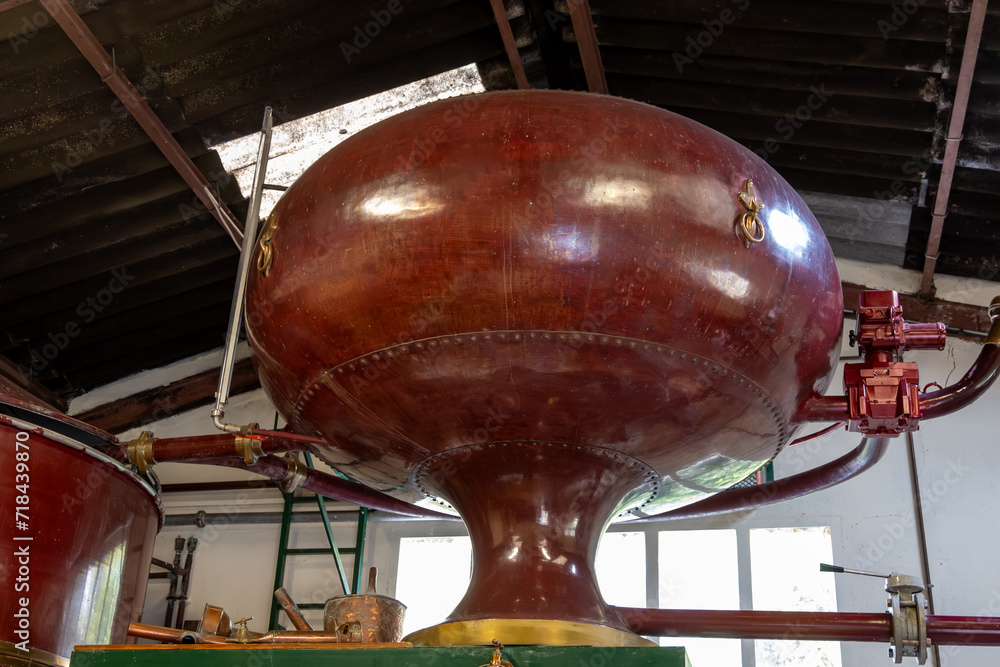 Double distillation process of cognac spirit in Charentias copper still ...
