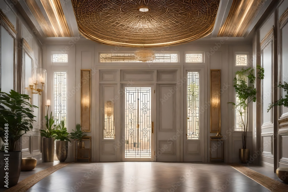 A serene grand entry space with a simple wooden door, a monochromatic ...