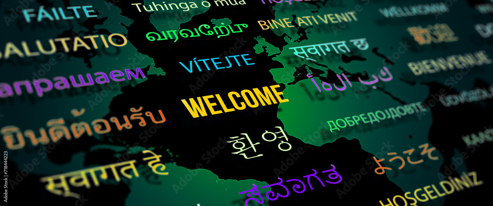 Welcome in different language with world map background. Depth of field ...