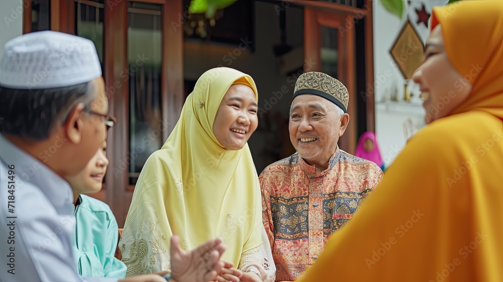 Moslem family and relatives greeting and welcoming guests outside in ...