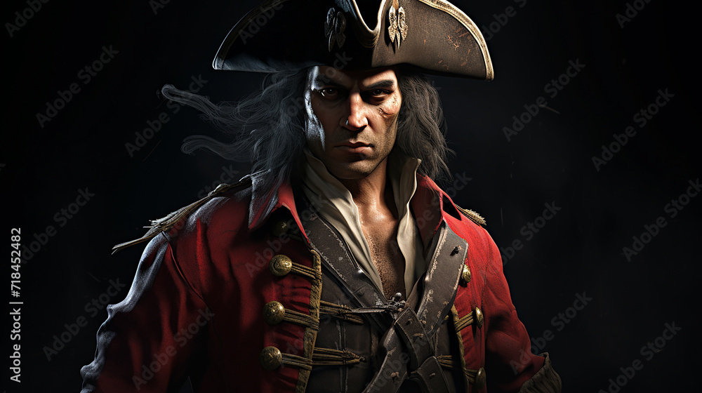pirate captain dressed in stylish pirate outfit with tricorn hat, a ...