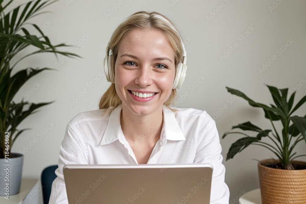 The image captures the essence of a pretty girl in a remote work ...