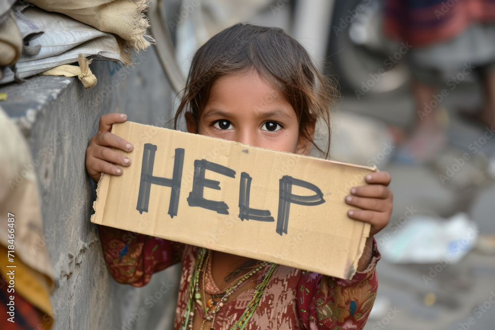 A young little Indian orphan girl in the slums, holding up a cardboard ...