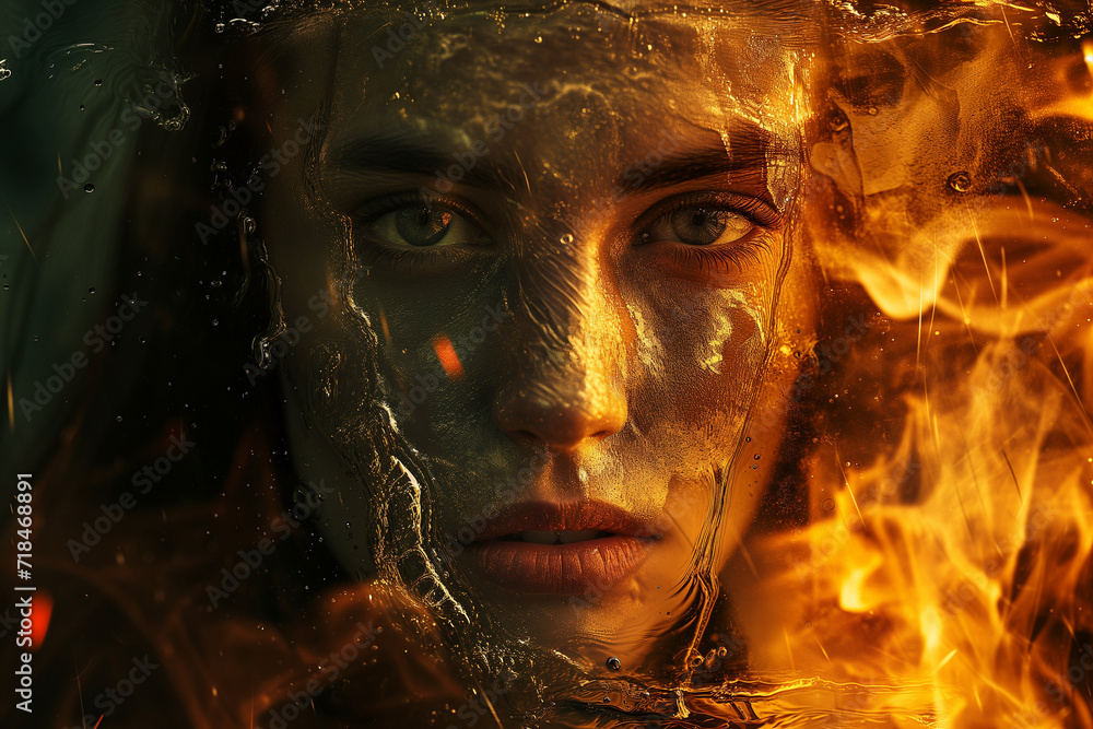 underwater portrait. Fire and Water. Cracked porcelain mask, water ...