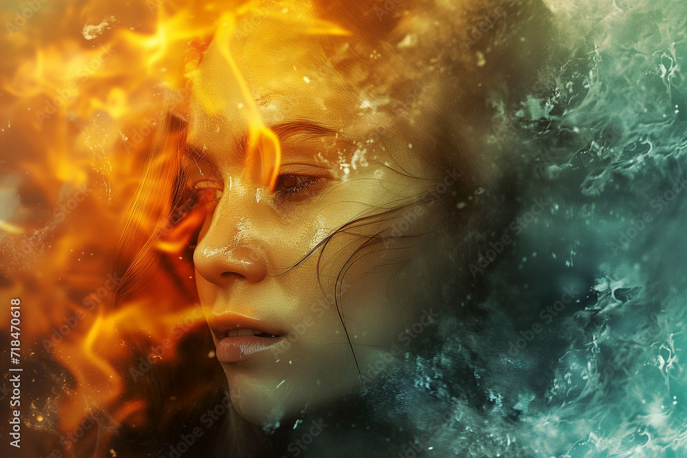 underwater portrait. Fire and Water. Cracked porcelain mask, water ...