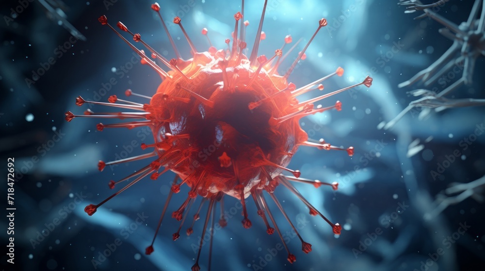 Microscopic visualization of a red virus structure, symbolizing ...