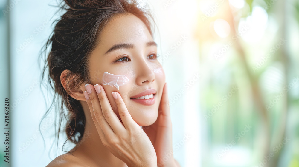 頬に白いクリームを付ける女性 Stock Photo | Adobe Stock