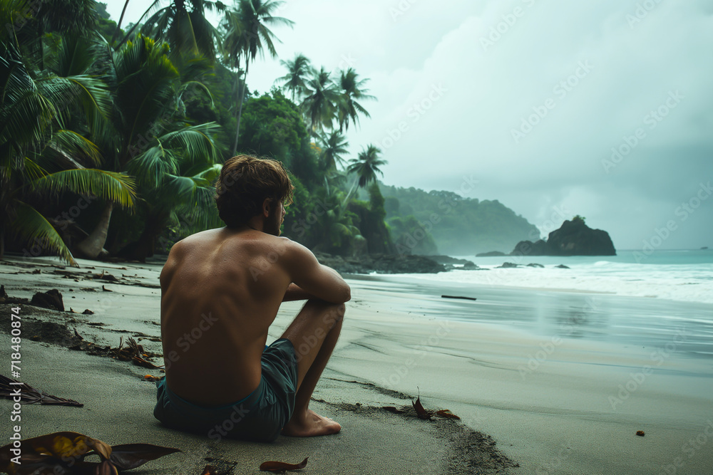 People stranded on an island on a rocky shore by the sea Surrounded by ...