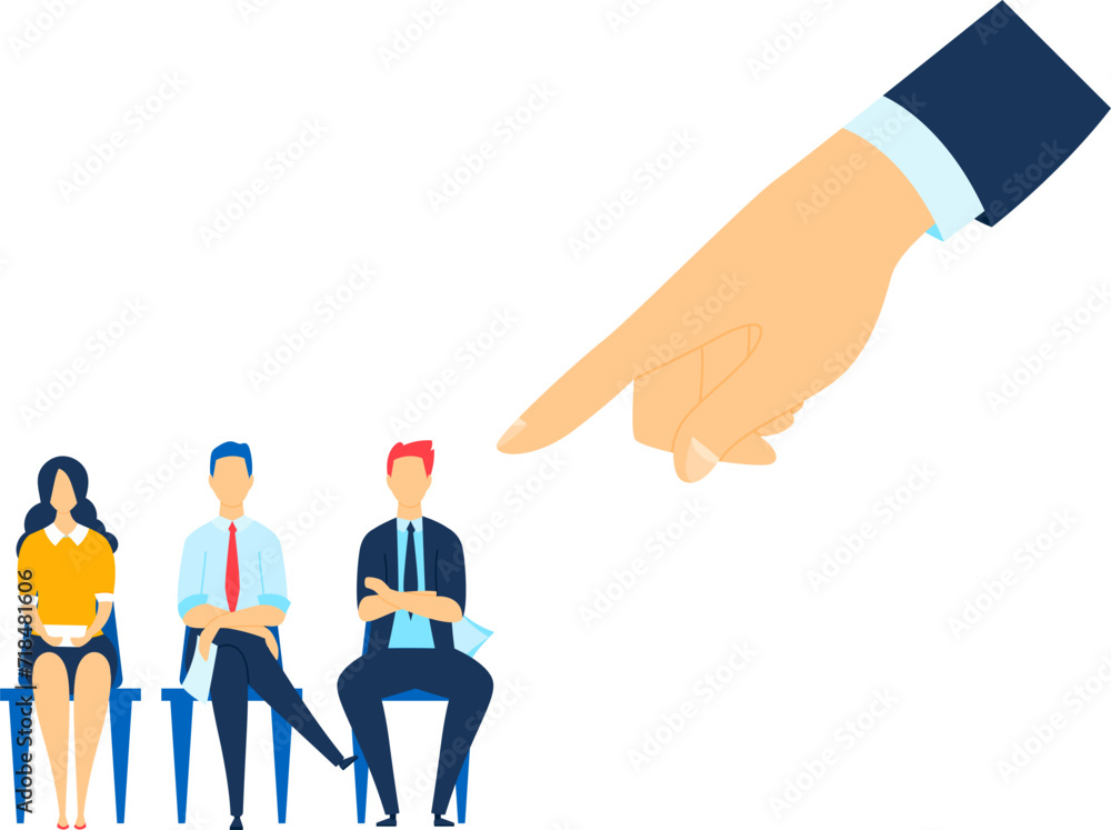 Giant hand pointing at a diverse group of candidates seated for job ...