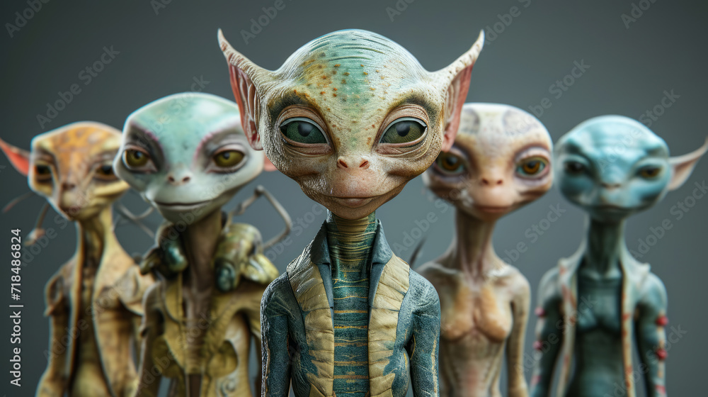 ภาพประกอบสต็อก 5 aliens with different types and skin colors of all ...