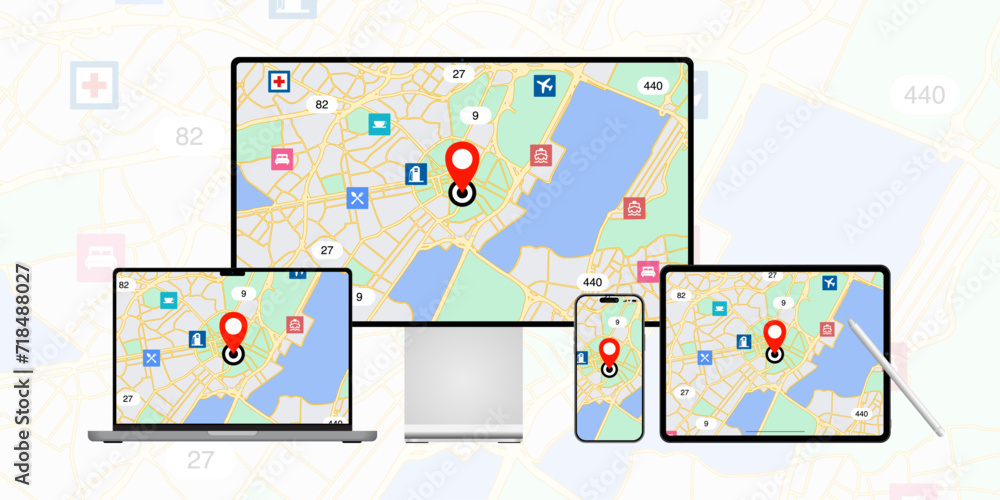 Concept of a responsive GPS navigation app and application designed for desktop computer, laptop ...