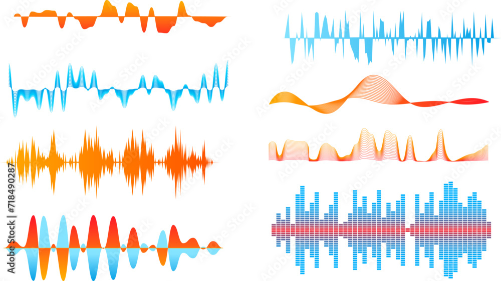 Set of colorful sound waves on white background. Audio waveforms ...