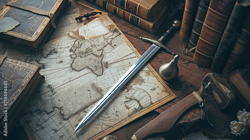 Sword Map and Books on The top of Table, Fantasy Quest Concept Stock ...